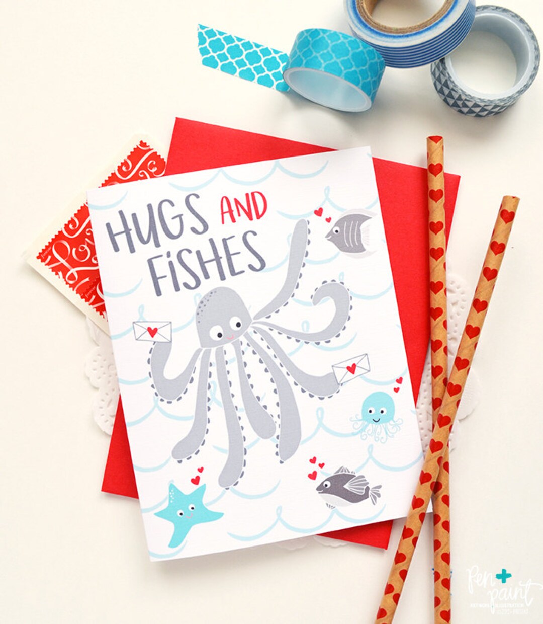 Hugs and Fishes, Kid's Valentine's Day Card, Under the Sea, Octopus ...