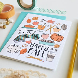 Happy Fall Seasonal Folded Note Cards, Autumn, Stationery, Hand Drawn ...