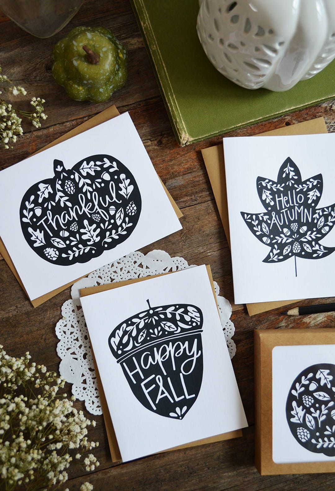 Fall Note Card Set Thankful Happy Fall Hello Autumn Black - Etsy