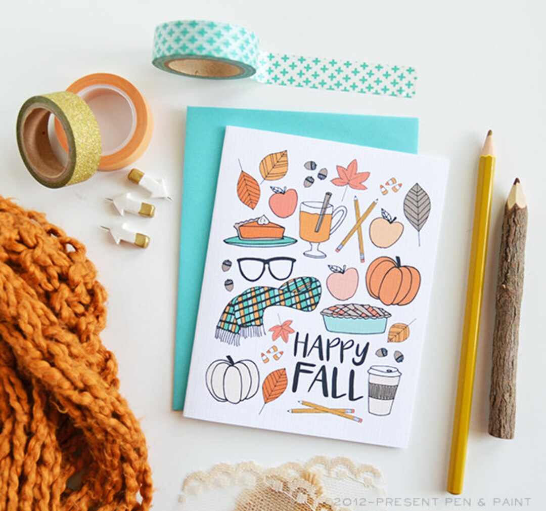 Happy Fall Seasonal Folded Note Cards, Autumn, Stationery, Hand Drawn ...