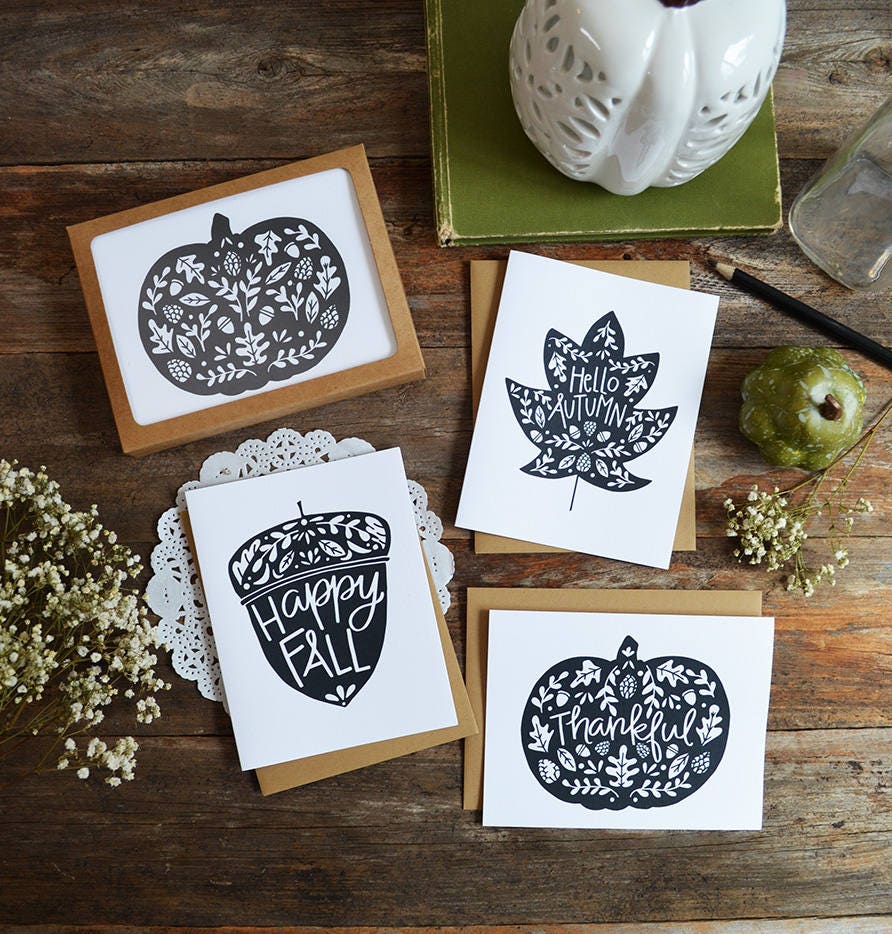 Fall note card set Thankful Happy Fall Hello Autumn Black | Etsy