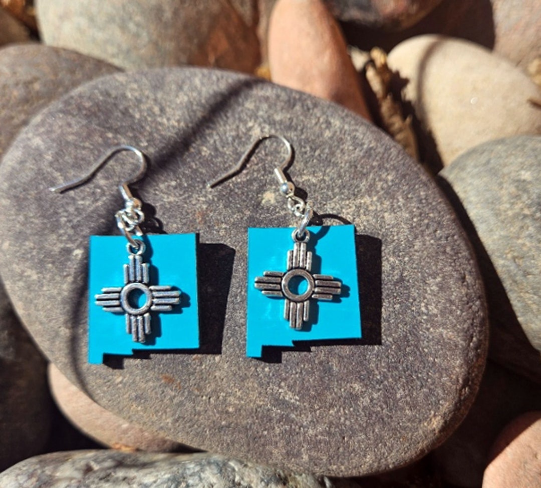 New Mexico Turquoise Color State With Zia Charm Earrings - Etsy