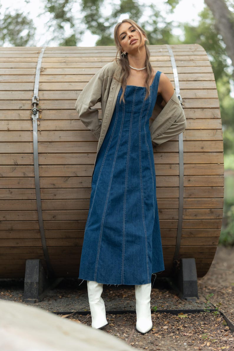 Stylish and Hip Paneled Blue Denim Long Dress With Zipper Back - Etsy