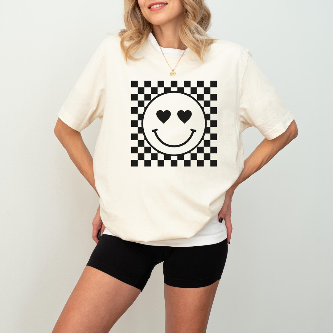 Checkered Pattern Smile Face Shirt, Retro Smiley Face Shirt, Smile Face ...