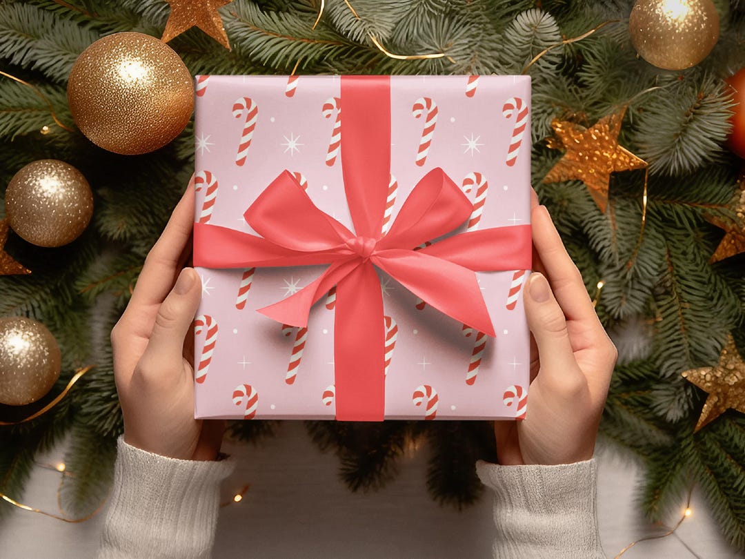 Candy Cane Wrapping Paper Roll Pink Secret Santa Holiday Gift Wrap ...