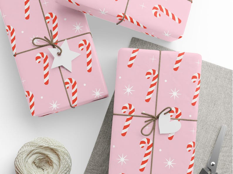 Candy Cane Wrapping Paper Roll Pink Secret Santa Holiday Gift Wrap ...