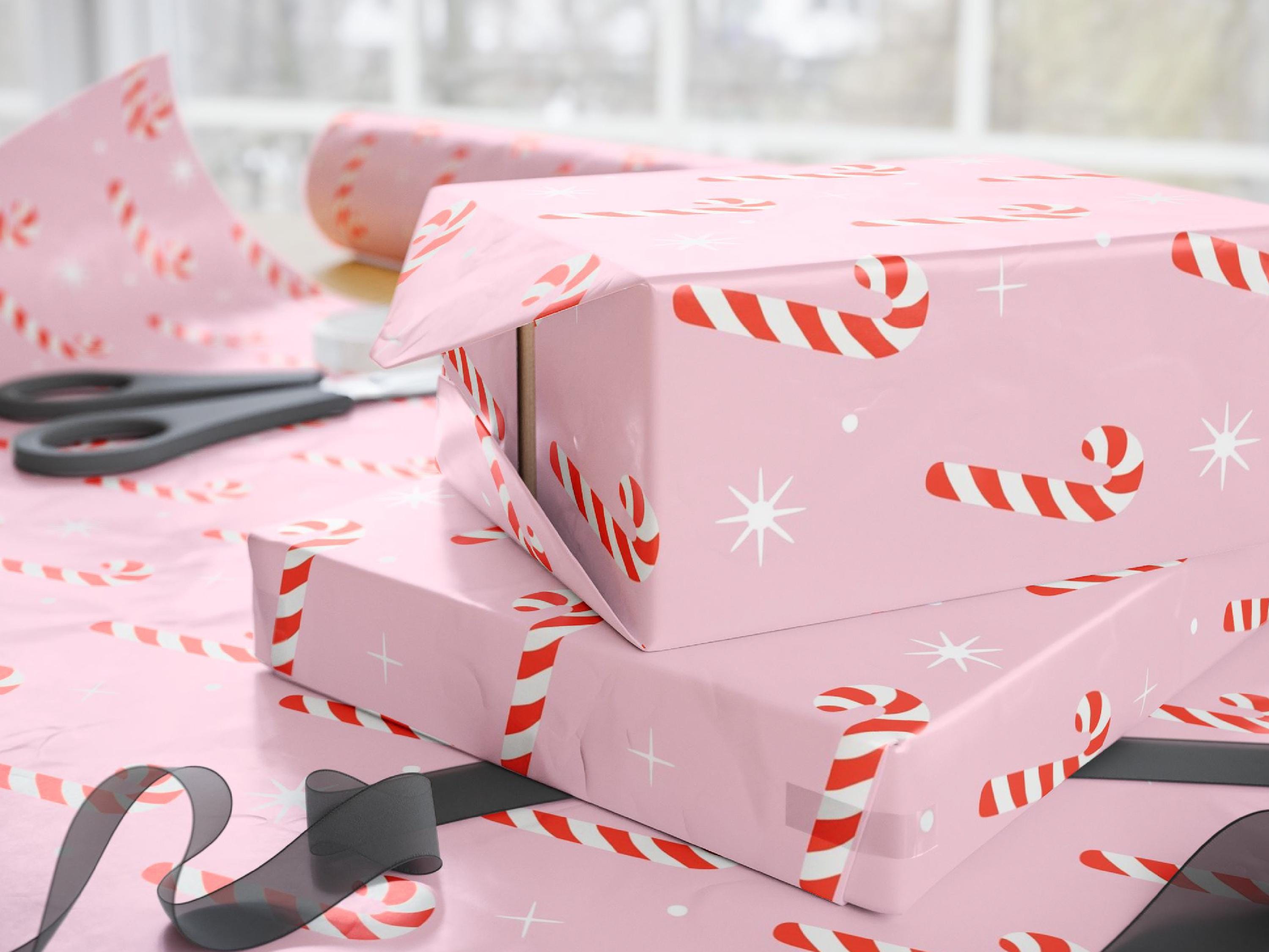 Candy Cane Wrapping Paper Roll Pink Secret Santa Holiday Gift Wrap ...