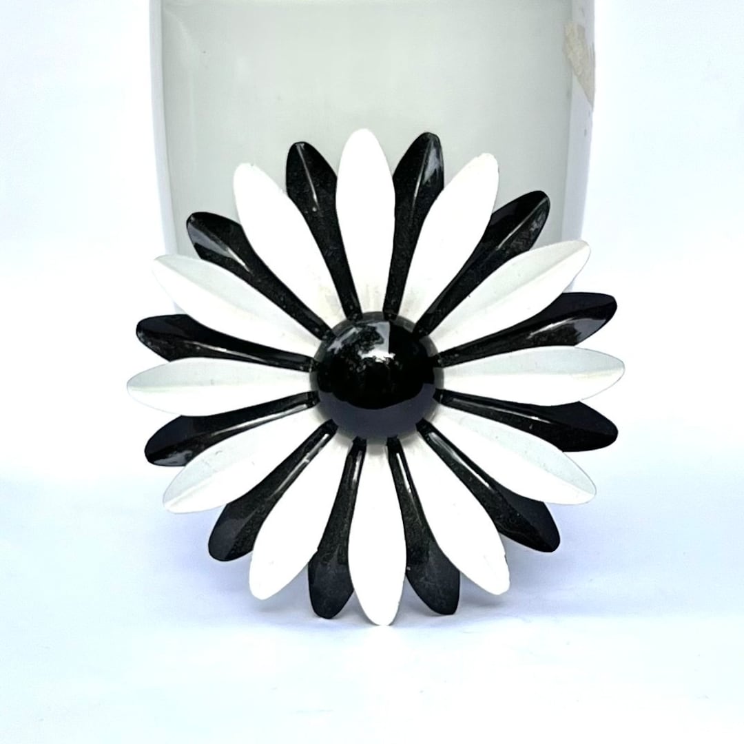 Vintage Black and White Flower Brooch, 1960 Flower Power Pin, Large ...