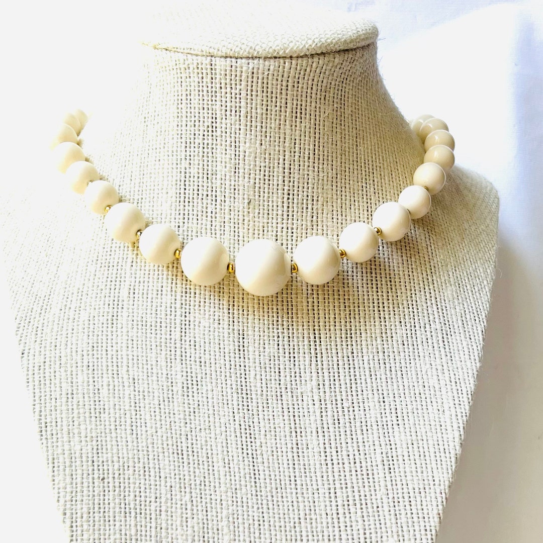 Vintage Cream Beaded Necklace: 24 Inch Gold Tone Accents - Etsy