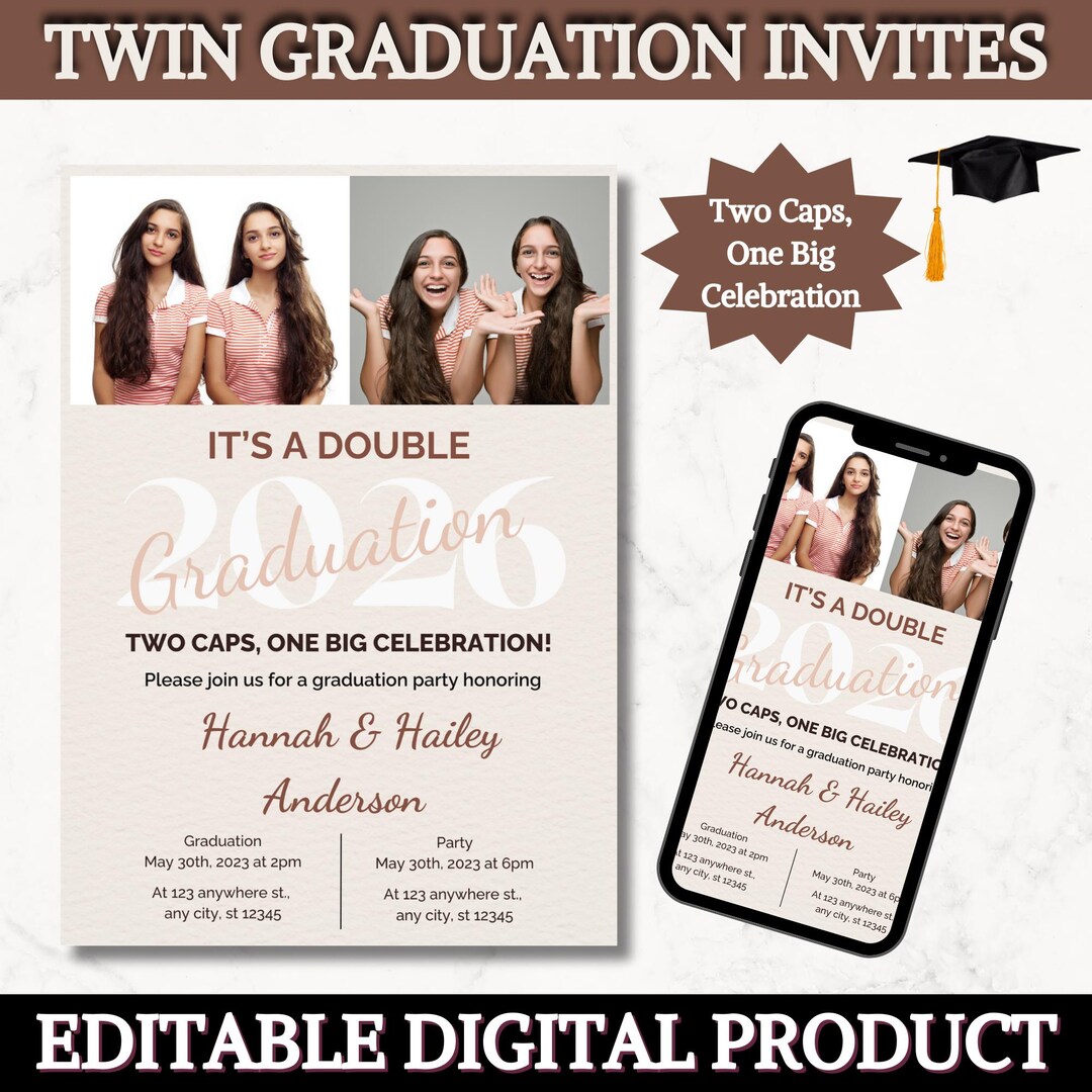 Elegant Photo Collage Aesthetic Twins Graduation Invitation Card ...
