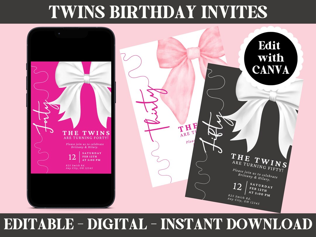 Editable Twin Birthday Party Invitation, Joint Birthday Invitation ...