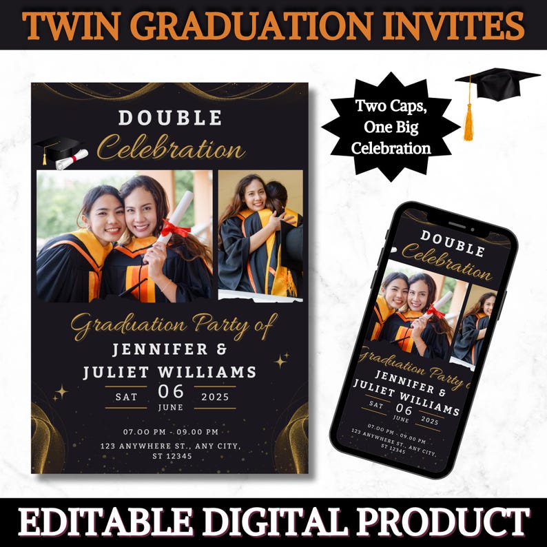 Gold and Black Elegant Twin Graduation Party Invitation Card, Custom ...