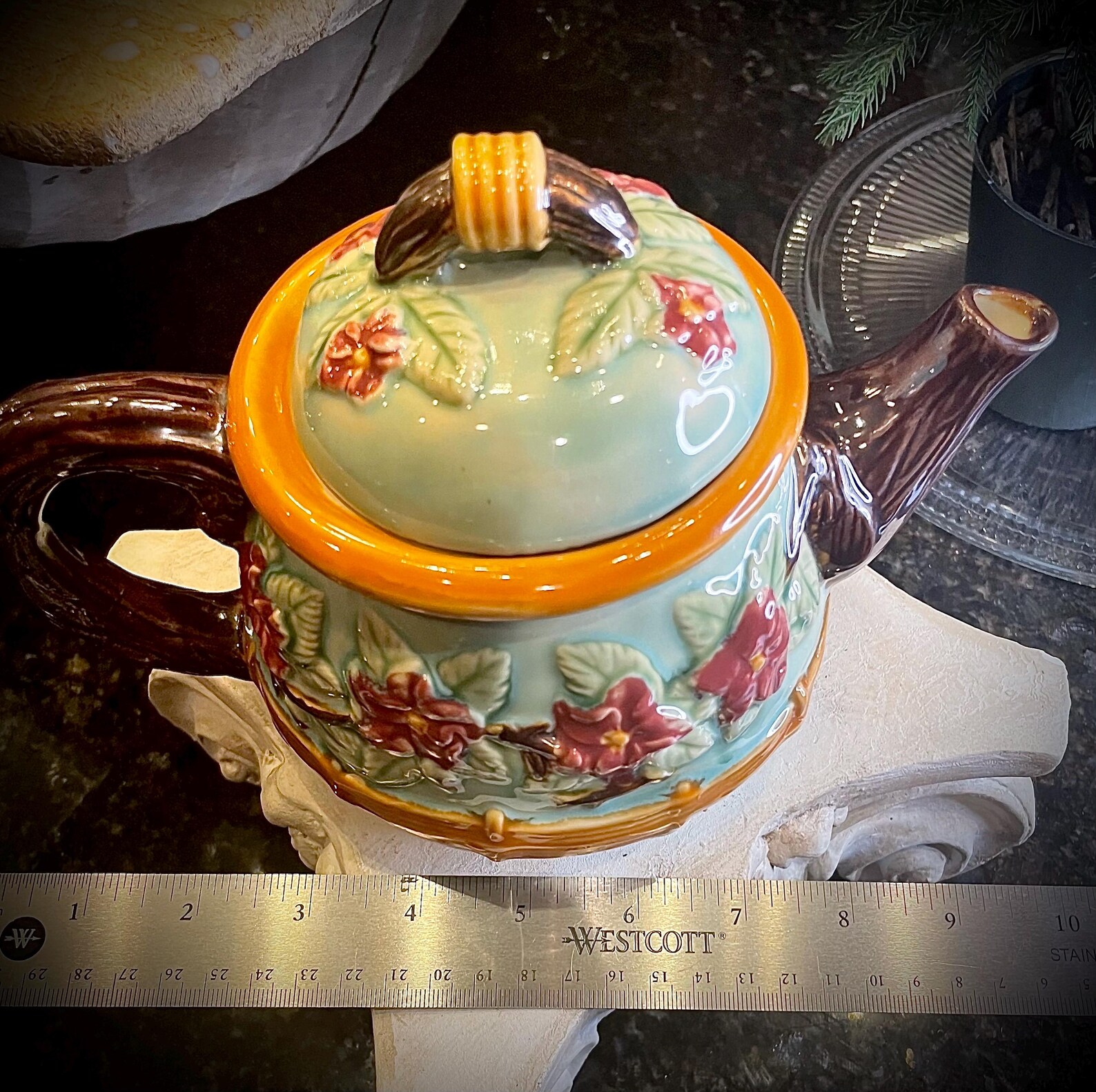 Vintage MCM Teapot Majolica Floral With Wood Tone Handles Colors Are ...