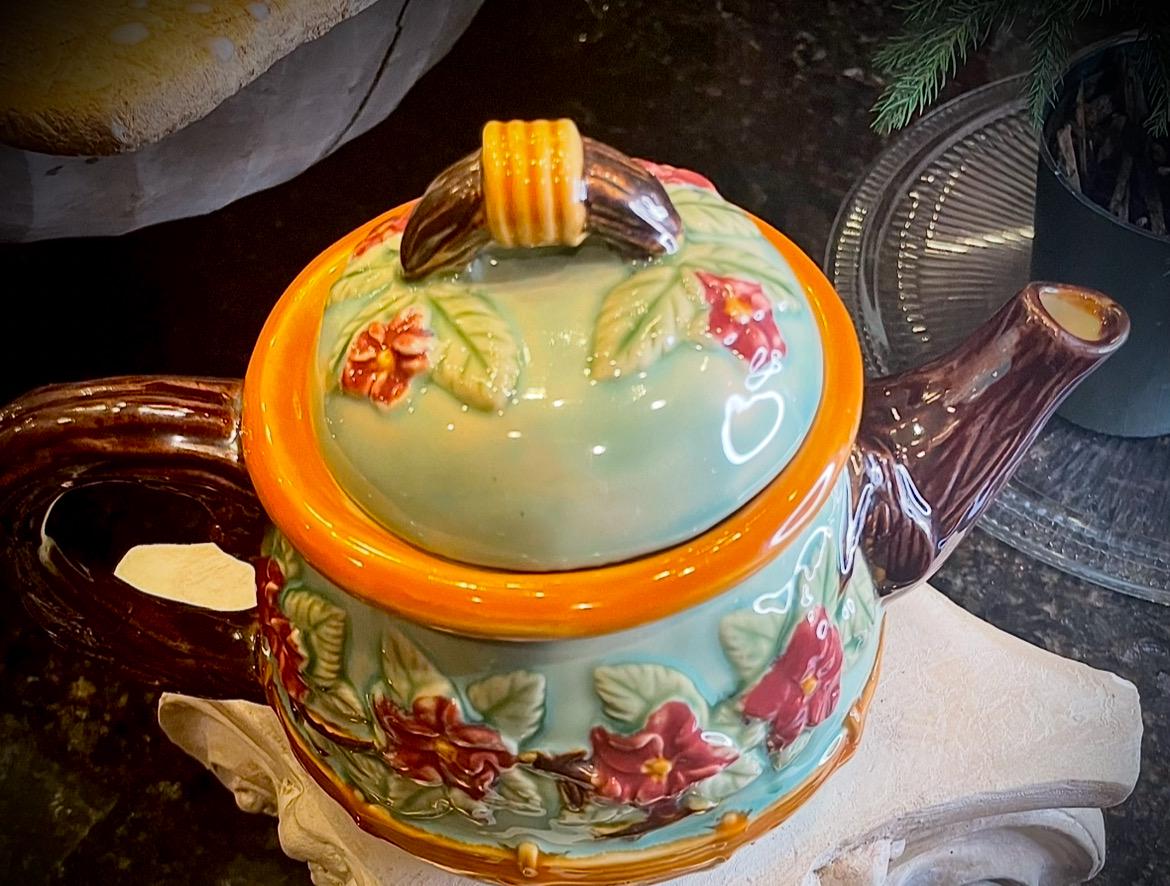 Vintage MCM Teapot Majolica Floral With Wood Tone Handles Colors Are ...