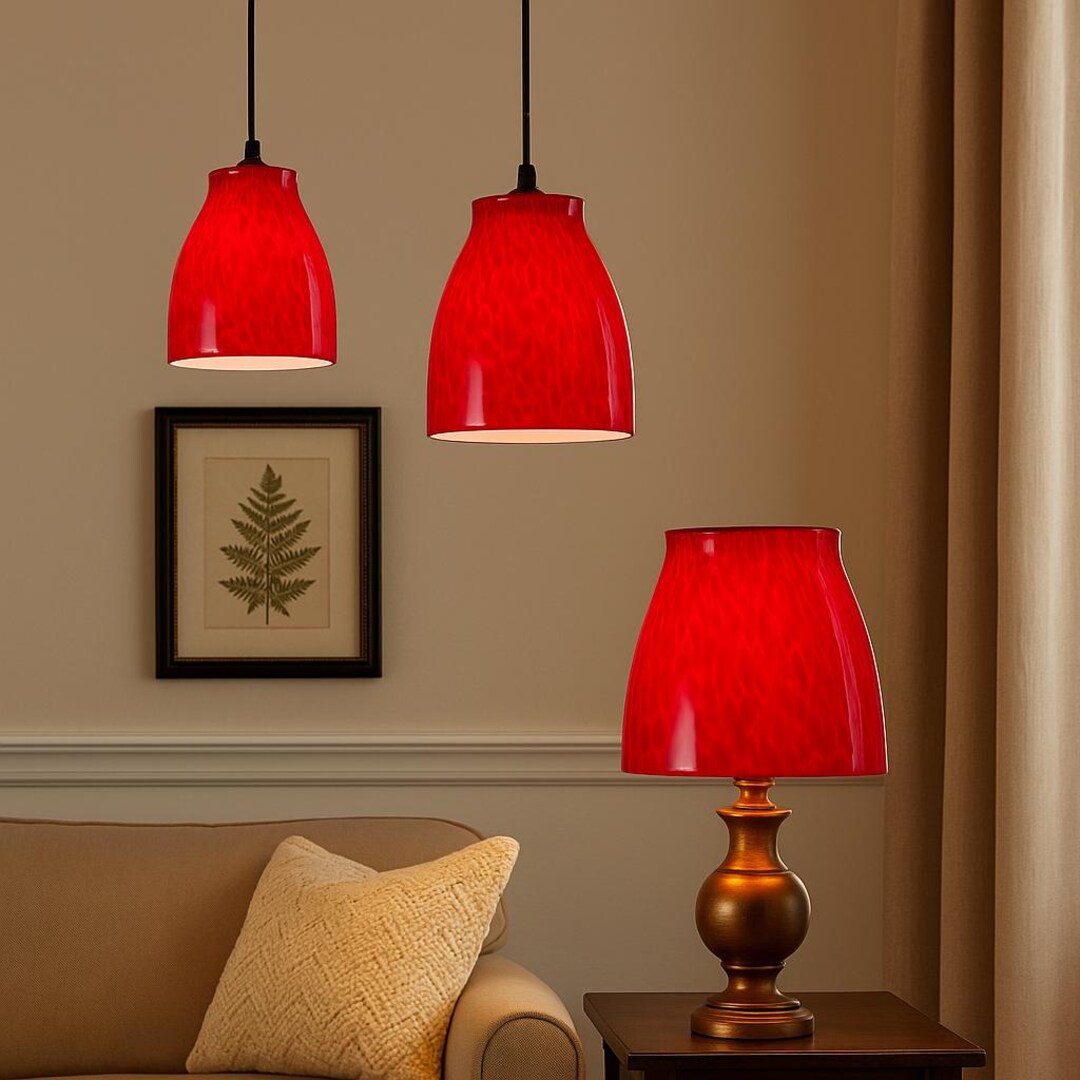 Pair of Red Handblown Art Glass Lamp or Pendant Light Shades With White ...