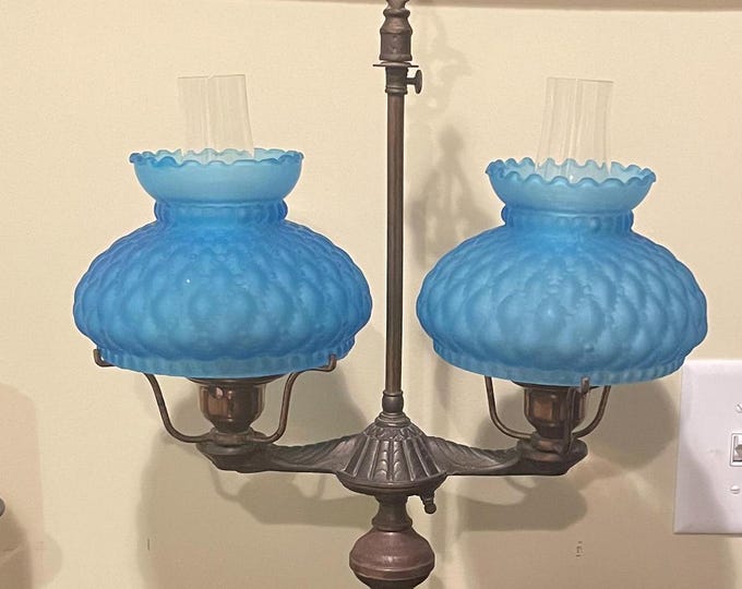 Vintage Fenton Student Lamp With Original Double Cobalt Quilted Shades ...