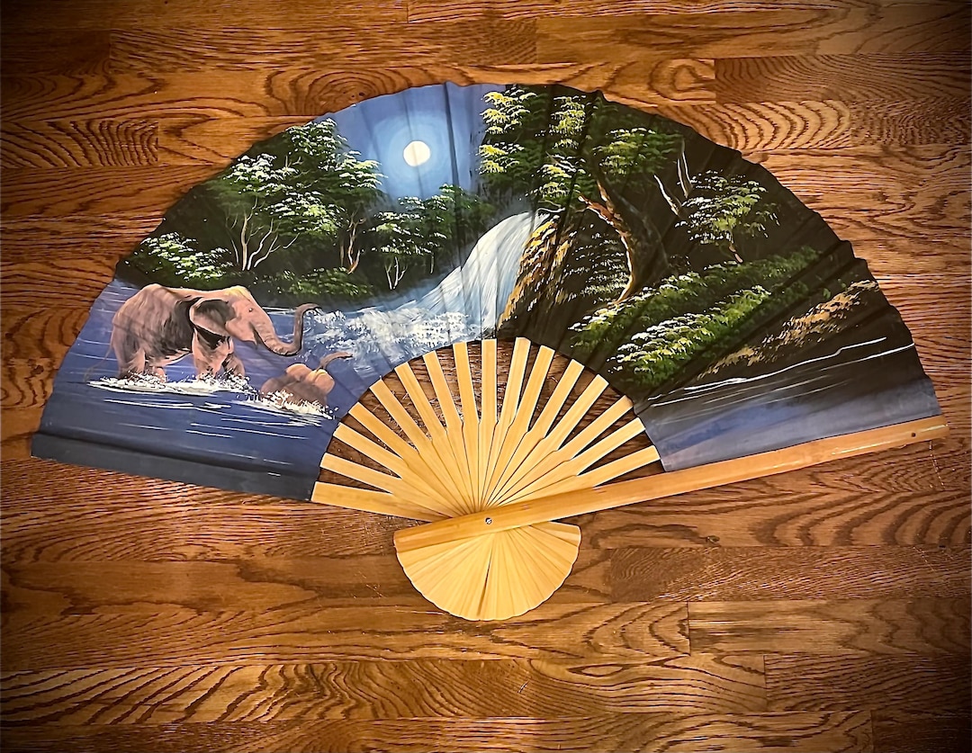 Vintage Hand Painted Fan Bamboo and Canvas Asian Eleohants in Nature ...