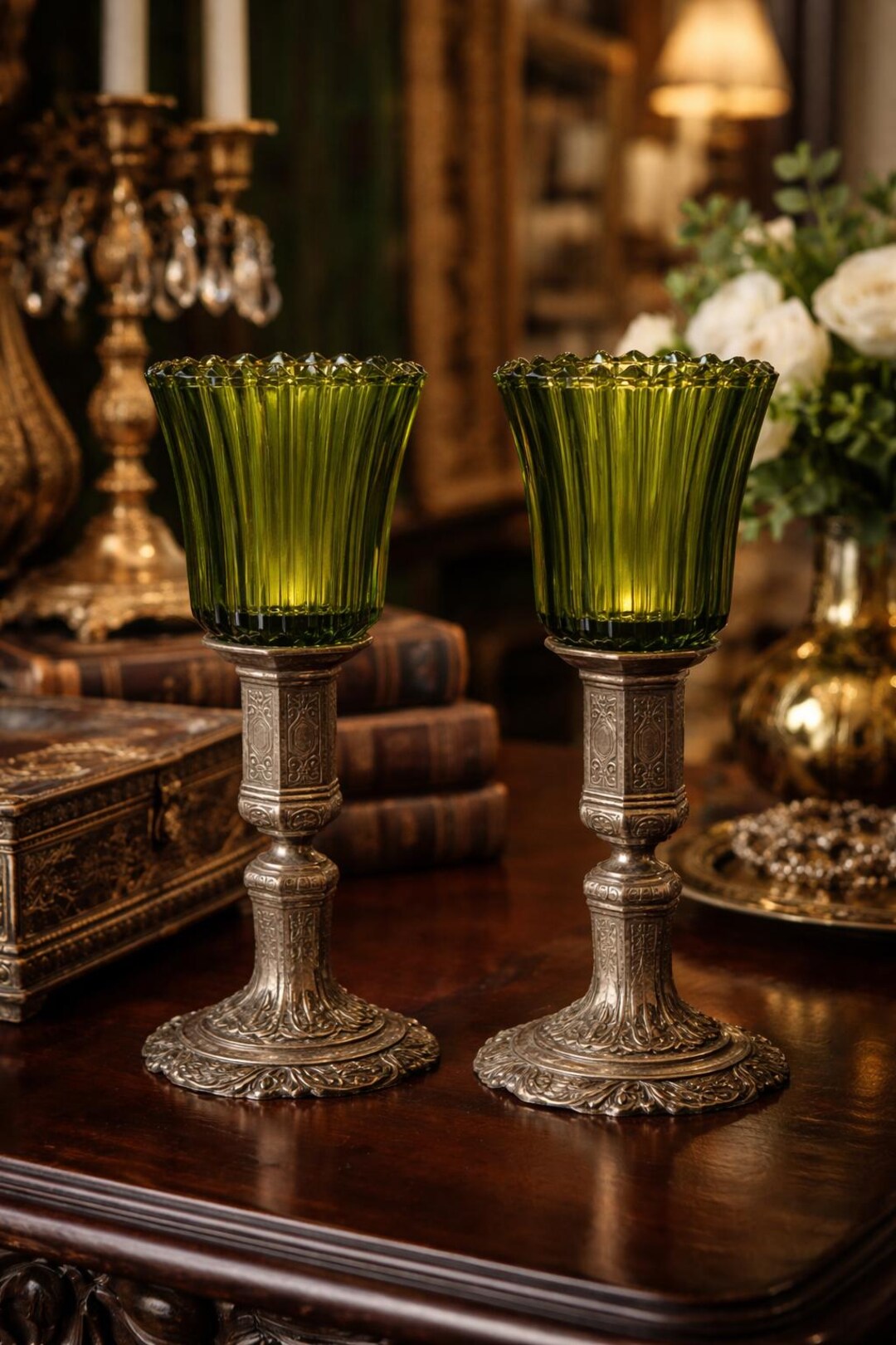 Emerald Green Fluted Glass Votive Cup Inserts Homeco Peg Hurricane Pair ...