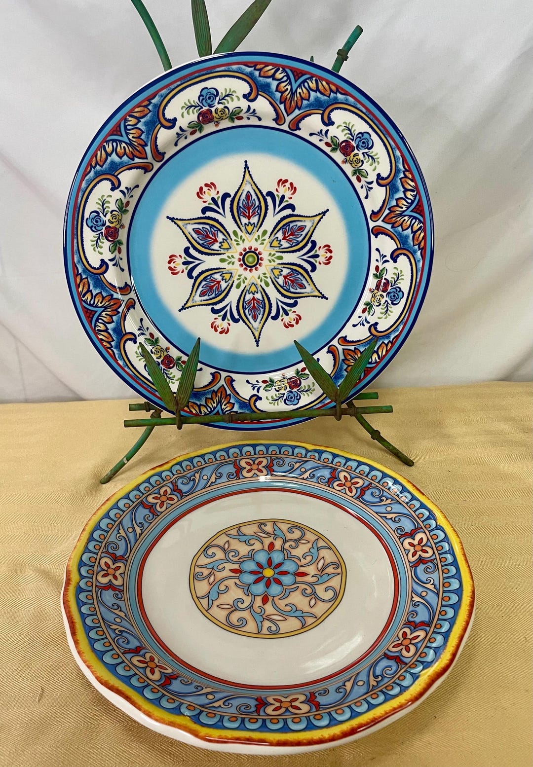 Euro Ceramica Dinner Plates Set of 2 10 Inch Colorful Floral Design ...