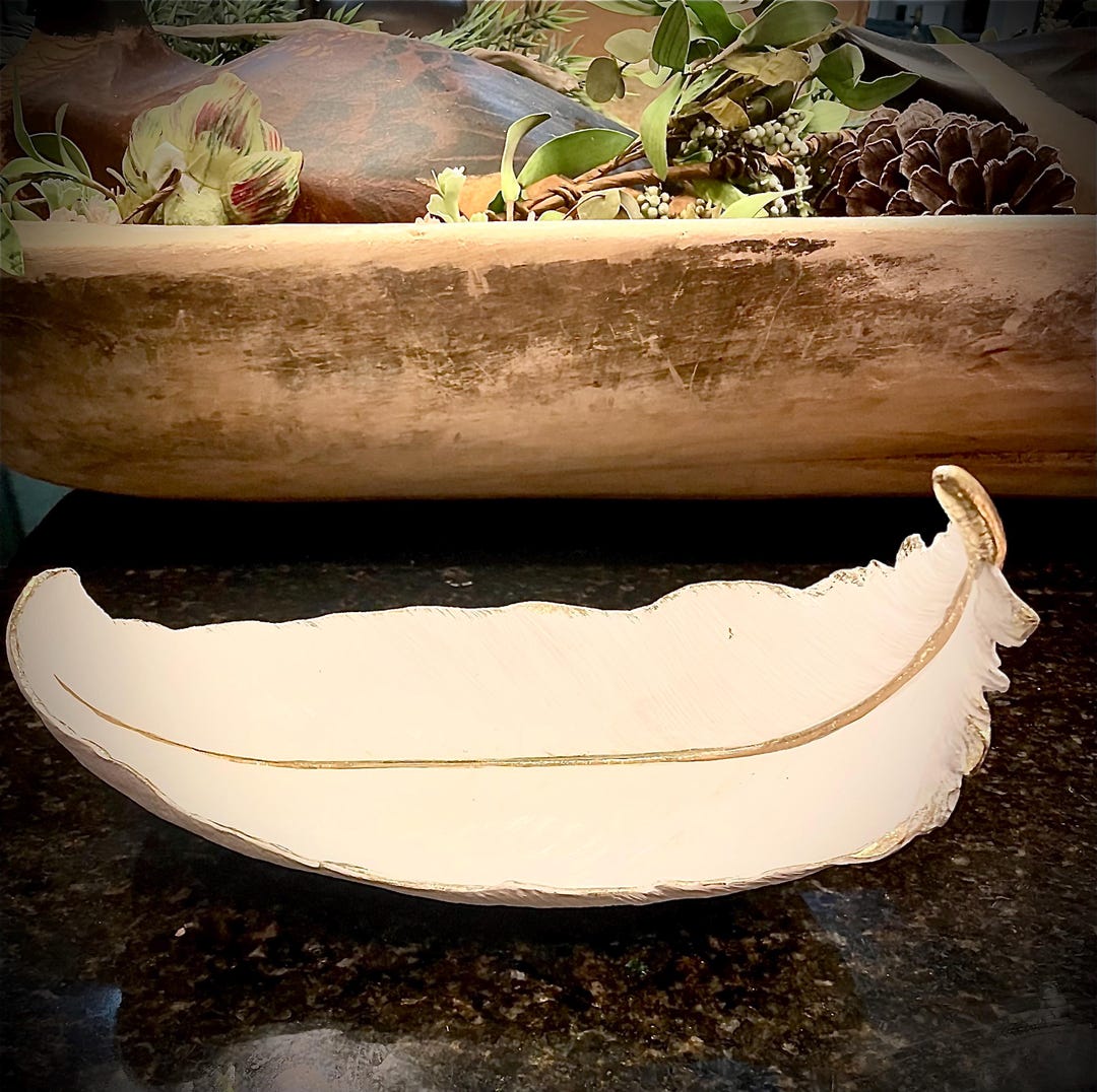 Decorative Bowl Centerpiece Feather Canoe Design 13” White With Bright ...