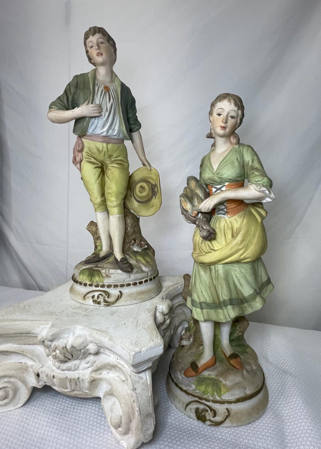 Vintage Japanese Bisque Figures Pair Romantic Farm Couple Tall 13” Mint ...