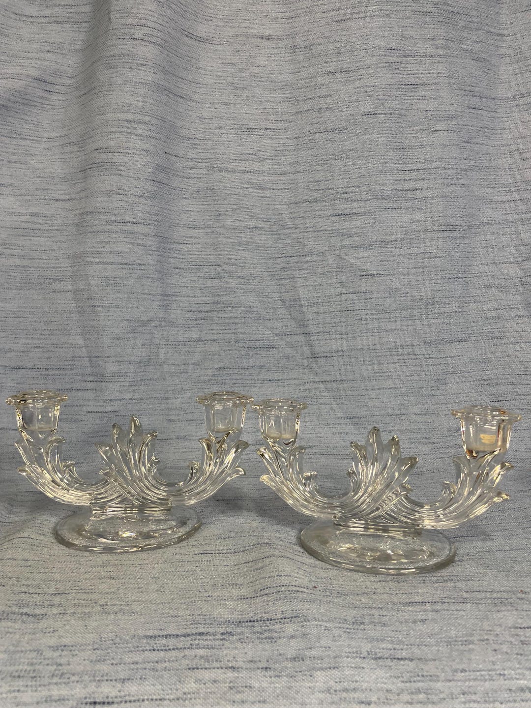 Vintage Pair Fostoria Double Crystal Candlesticks Bouquet Ribbon Candle ...