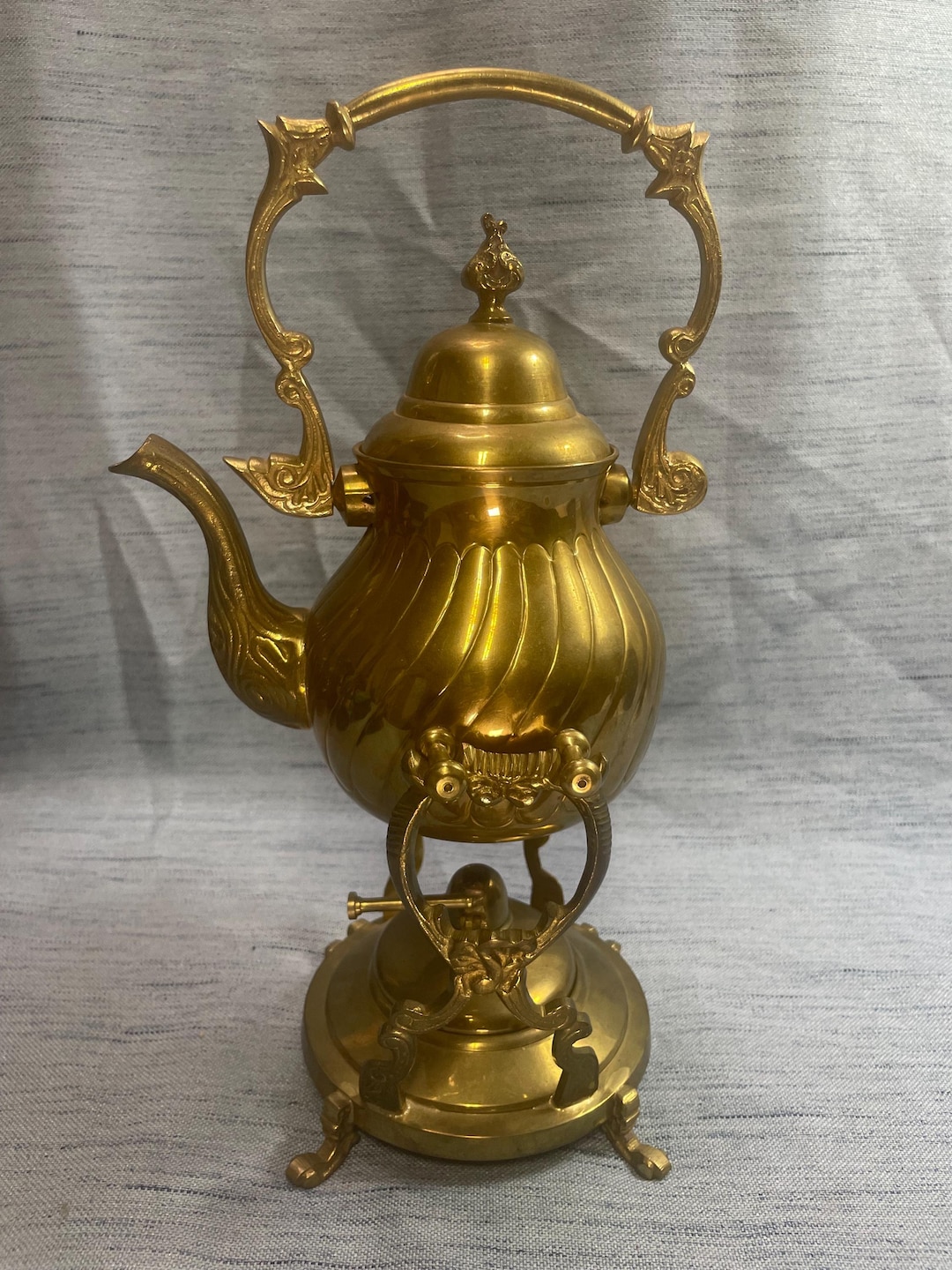 Antique Teapot RARE Vintage Brass Ornate Tipping With Burner and Stand ...