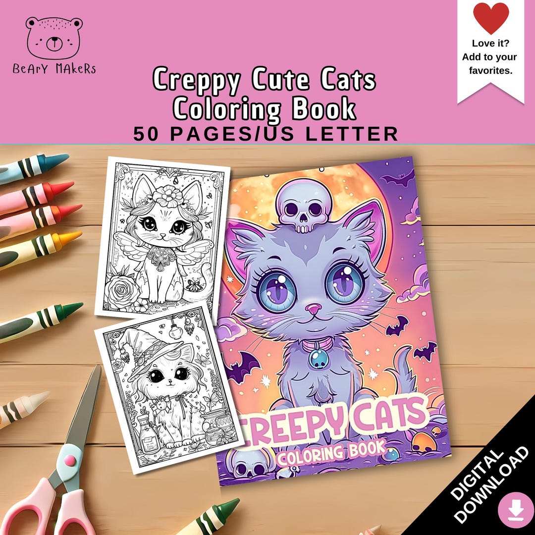 Creepy Cute Cats Coloring Book 50 Printable Pages for Kids Adults ...