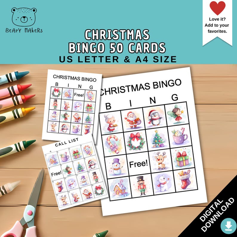 50x Cute Christmas Bingo Cards Fun Printable Christmas Bingo Game for ...