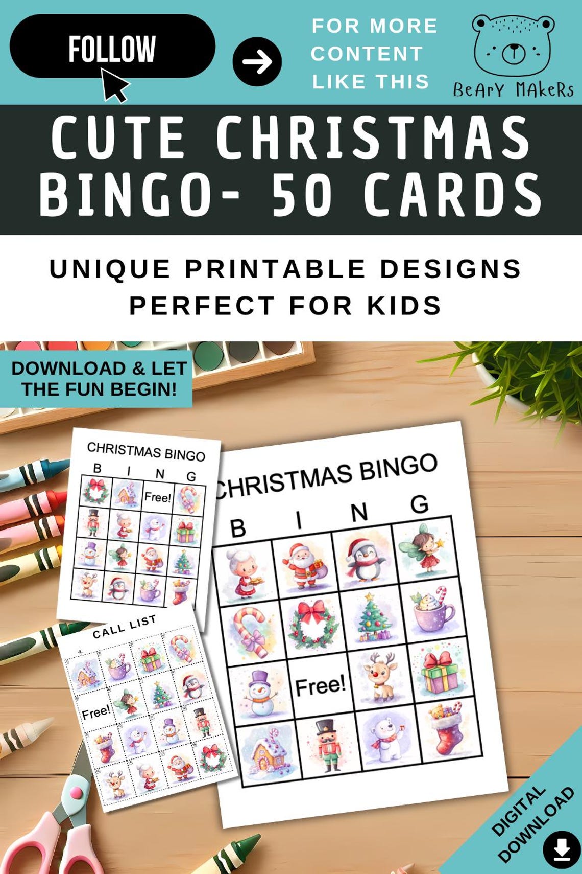50x Cute Christmas Bingo Cards Fun Printable Christmas Bingo Game for ...