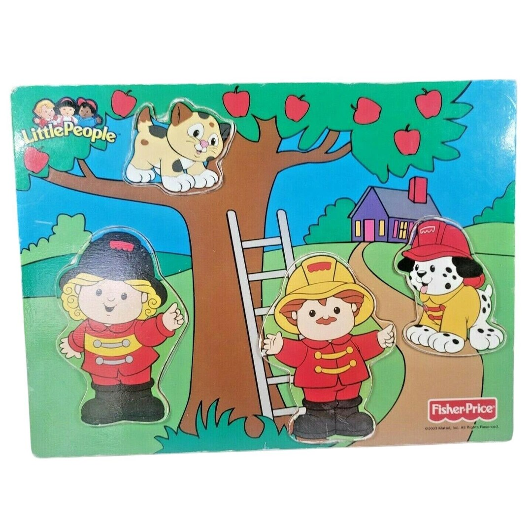 FISHER PRICE Little People Wooden Puzzle Firemen Puppy Cat 4 Piece ...