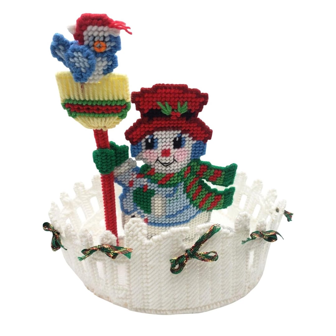 Plastic Canvas Christmas Card Basket Snowman Bird Tabletop Decor ...