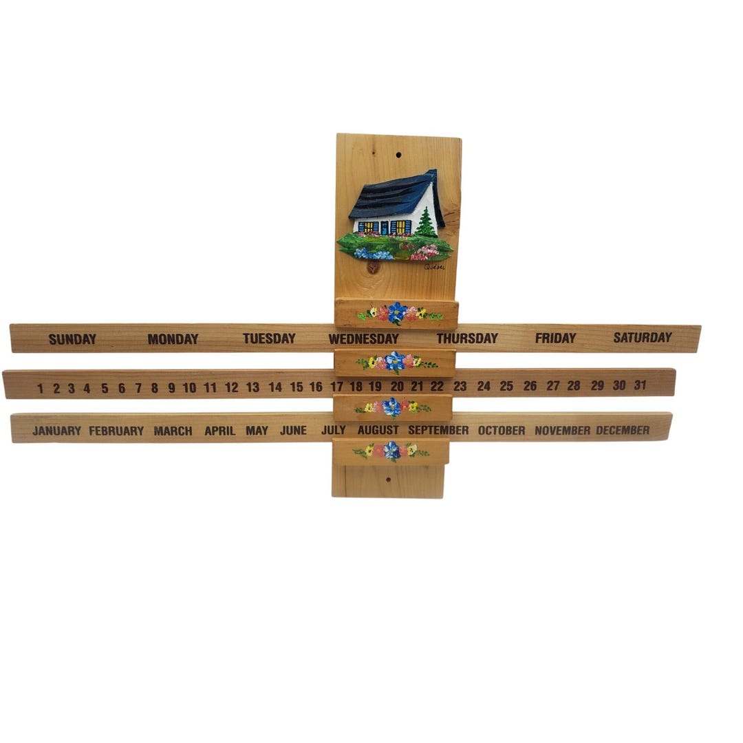 Wood Perpetual Calendar Hand Painted Quebec French English Cottagecore ...