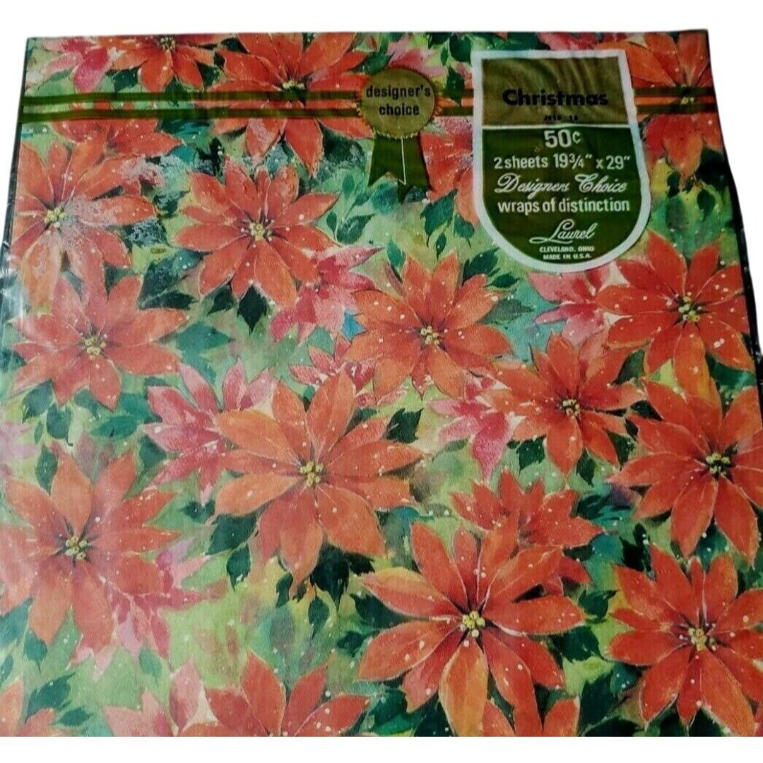 Christmas Wrapping Paper Designers Choice Poinsettia Print Laurel USA ...