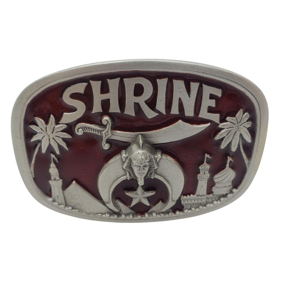 Shrine Belt Buckle Shriner Sword Pyramid USA Red Enamel Silver Tone ...