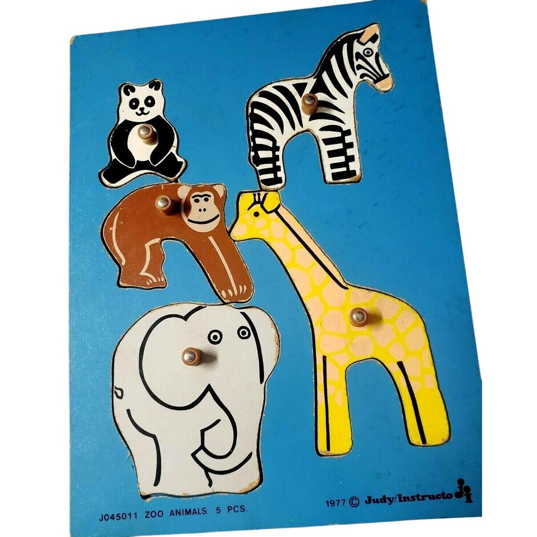 Zoo Animals JUDY INSTRUCTO Wooden PEG Puzzle Zebra Bear Giraffe Vintage ...