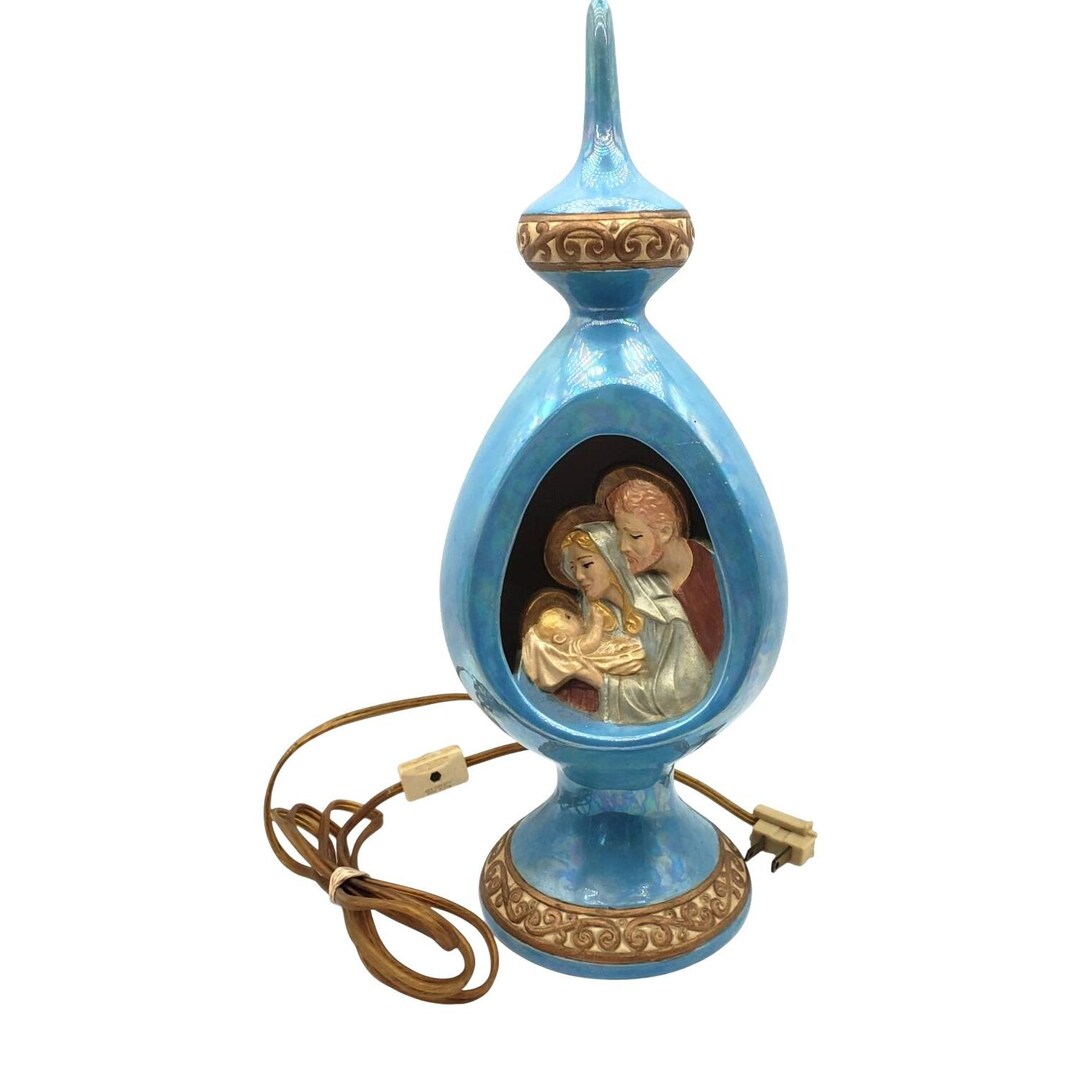 Vintage Ceramic Nativity Lamp Holy Family Scene Blue Gold Accents WORKS ...