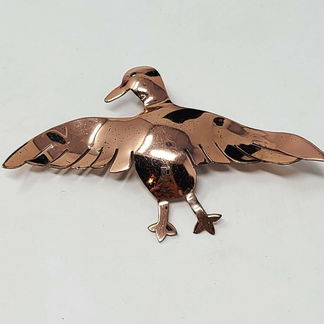 Rose Gold Tone Artisan Duck Brooch Pin Handmade Wings Open Unique ...