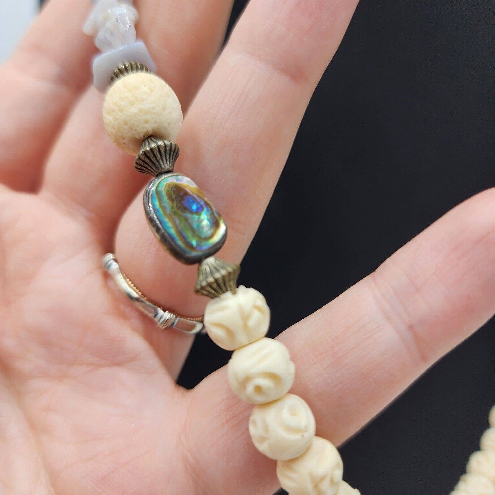 Vintage Carved Chinese Bovine Bone Rose Flower Abalone Glass Bead ...