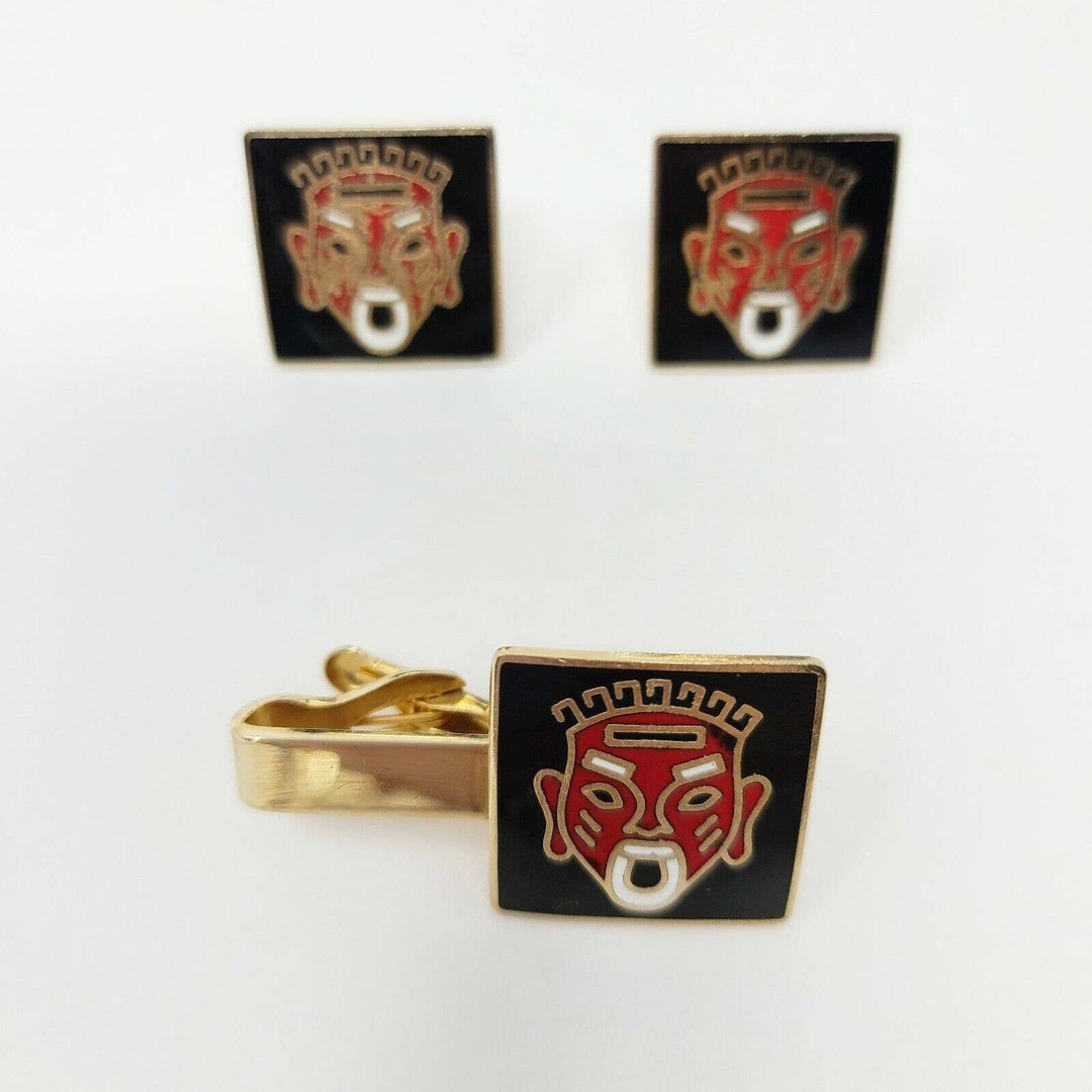 Men Vintage Swank Tribal Red Black Enamel Mask Gold Tone Cufflinks Tie ...