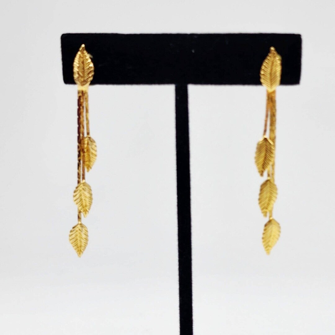 Vintage Retro Gold Tone 2 Long Drop Chain Leaf Earrings Simple Chic - Etsy
