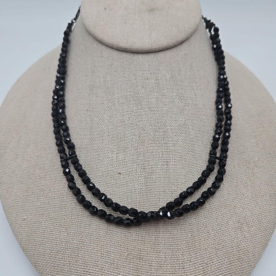 Vintage 1928 Faceted Black French Jet Beads Necklace Classic Double ...