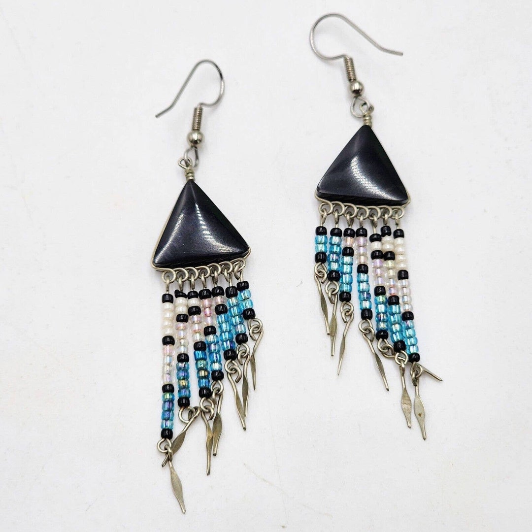 Native American Style Seed Bead Tassel Earrings Black Glass Blue Pink ...