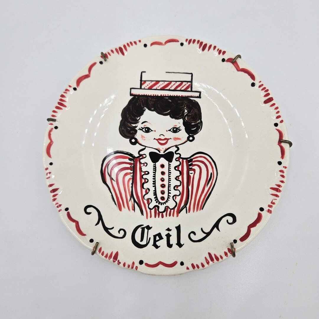 Vintage 1930s MCM Kitschy Hand Painted Red Black Portrait Plate Young ...