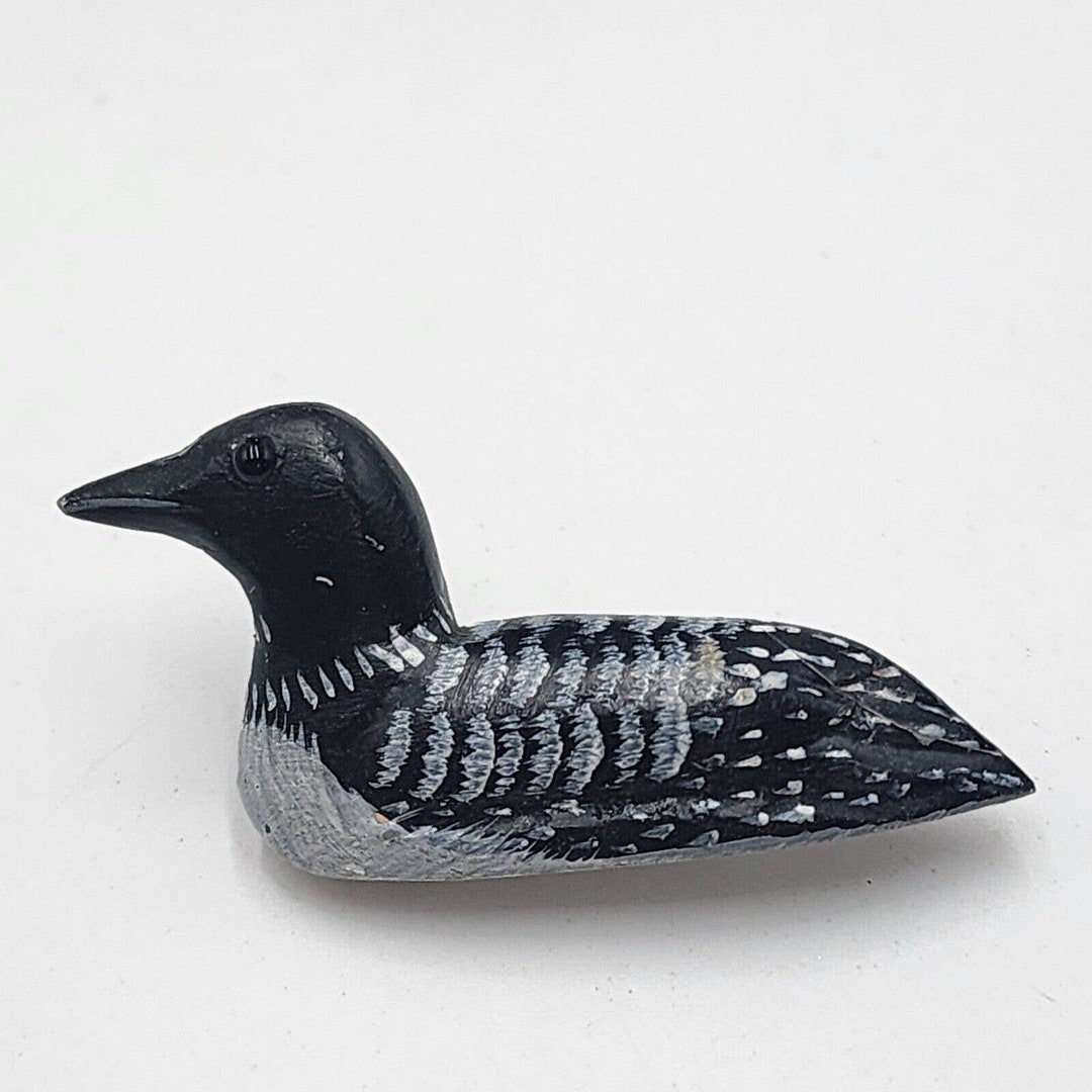 Vintage Wood Carved Loon Pin Brooch Hand Painted Black White Lake Bird ...