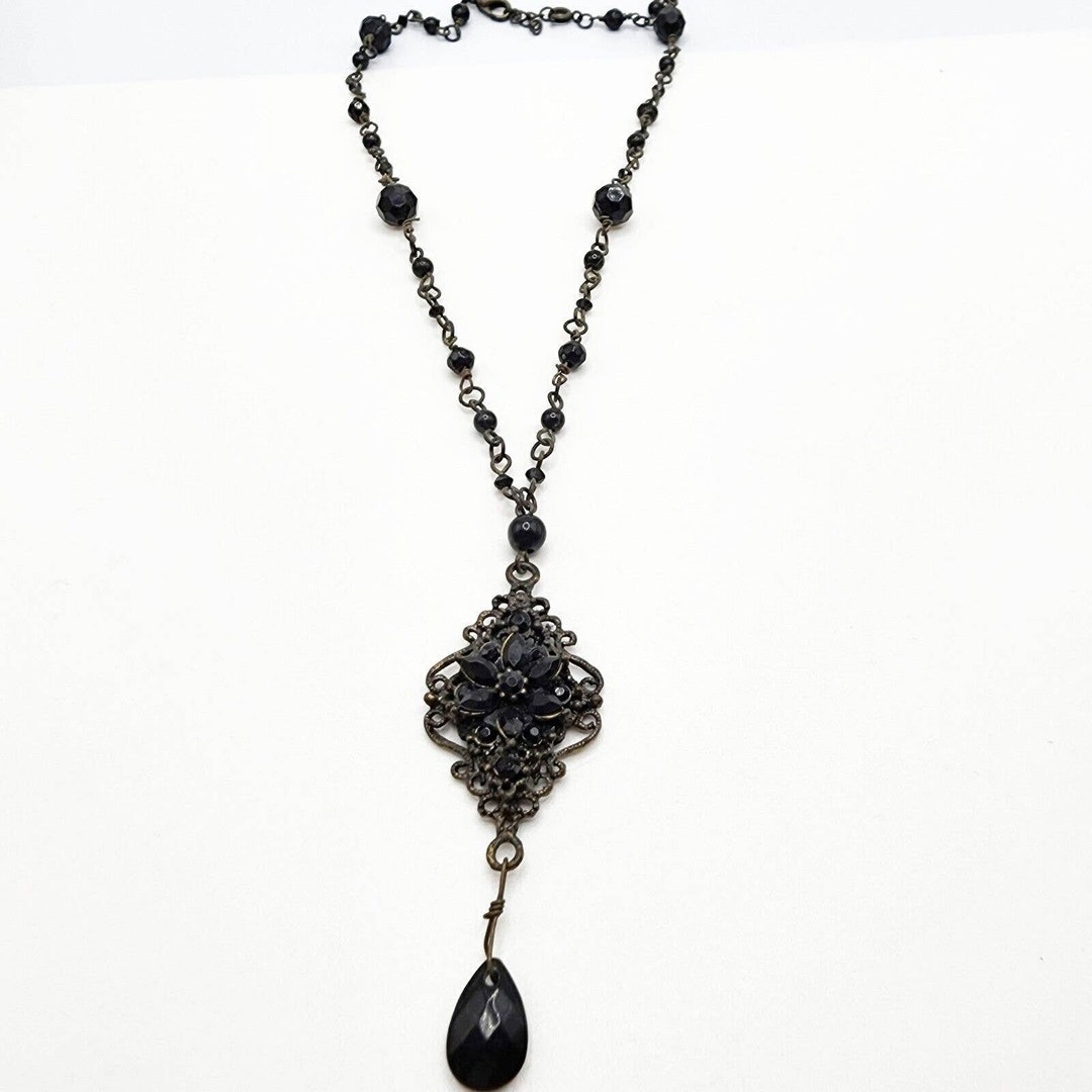 Vintage Black Acrylic Ornate Bead Rhinestones Y-drop Necklace 16 ...
