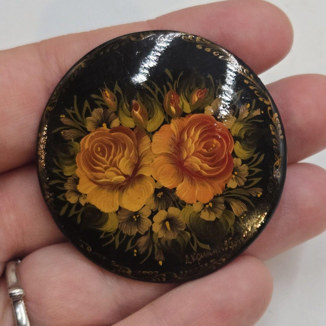 Vintage Russian Lacquered Hand Painted Feminine Rose Pin Brooch Estate ...