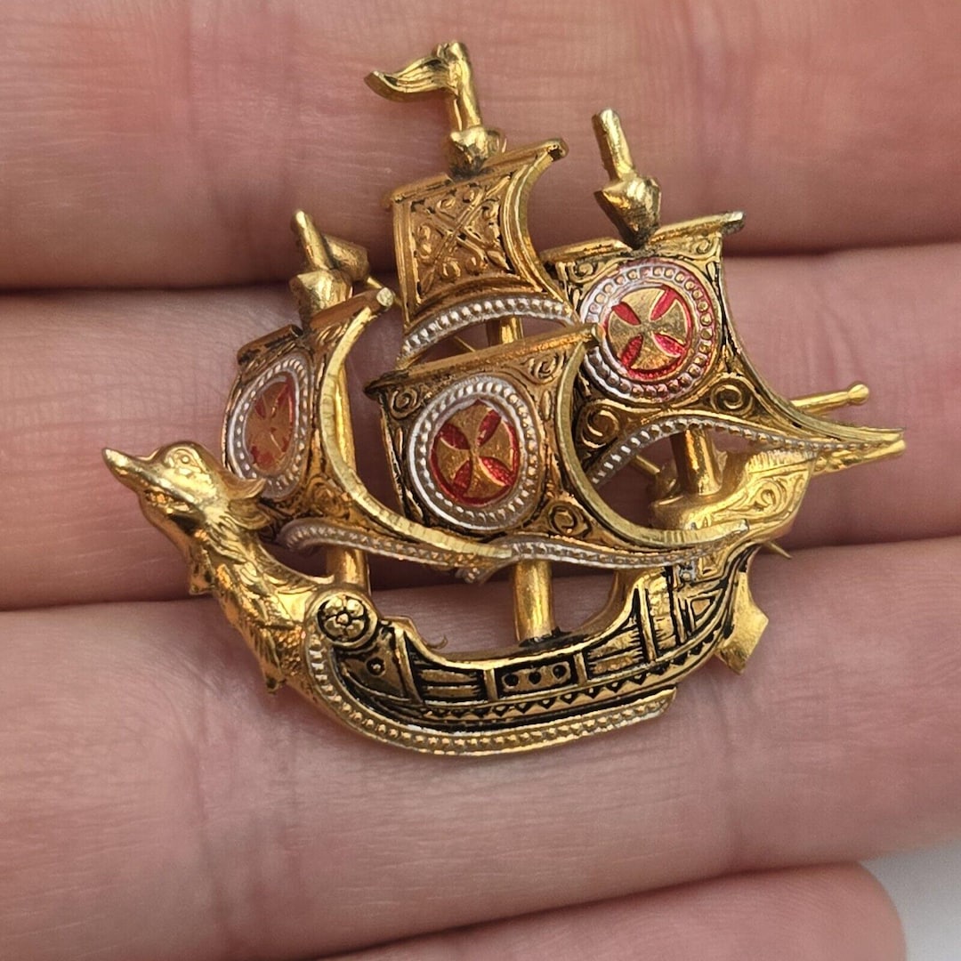 Vintage Damascene Enamel Pirate Ship Pin Gold Tone Spanish Galleon ...