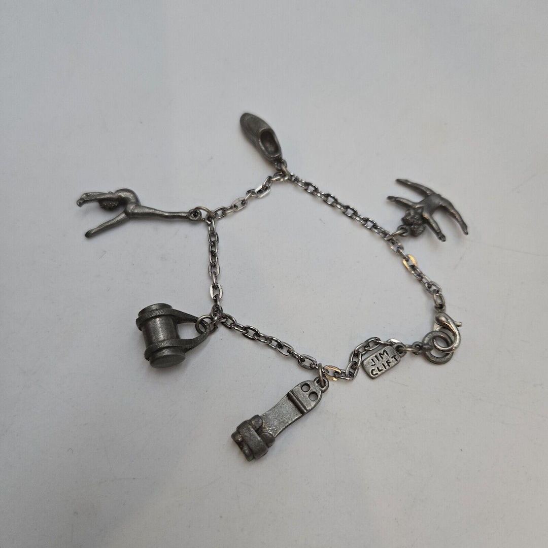 Vintage Jim Clift Pewter Charm Bracelet With Gymnastics Theme 5 Charms ...