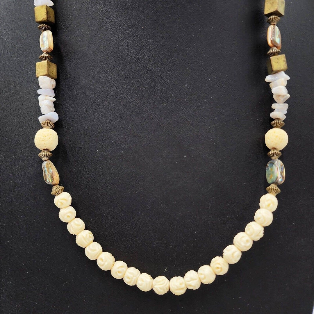 Vintage Carved Chinese Bovine Bone Rose Flower Abalone Glass Bead ...